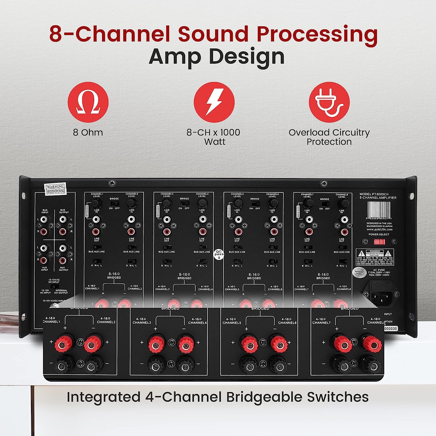 4 Multi-Zone Stereo Amplifier - 19” Rack Mount, Powerful 8000 Watts ...