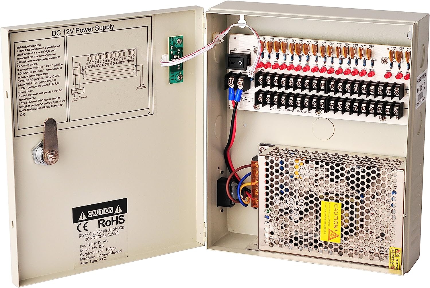 EVERSECU 18 Channel DC12V 20 Amp Reset Fuse CCTV DC Distributed Power Box with AC Plug and Lock ...