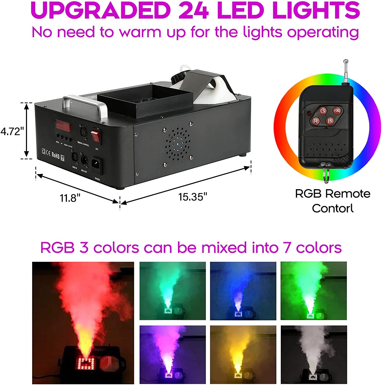 Tengchang 1500W Party Fog Machine RGB 3in1 24 LED Light DMX Smoke DJ ...