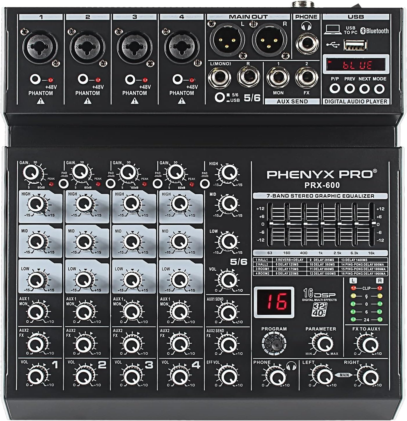 Professional DJ Audio Mixer, Phenyx Pro Sound Mixer, 6-Channel Sound ...