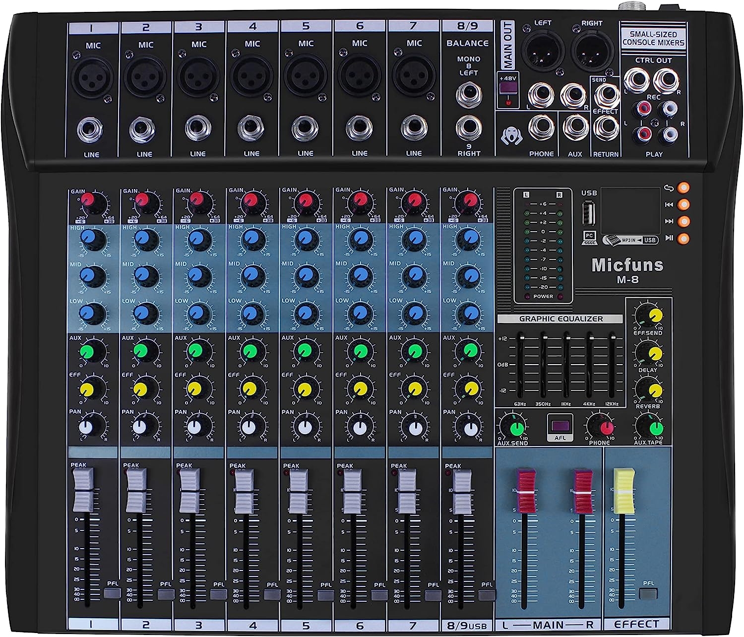 DJ Console Mixer Micfuns 8 Channel with Sound Board USB Bluetooth Audio ...